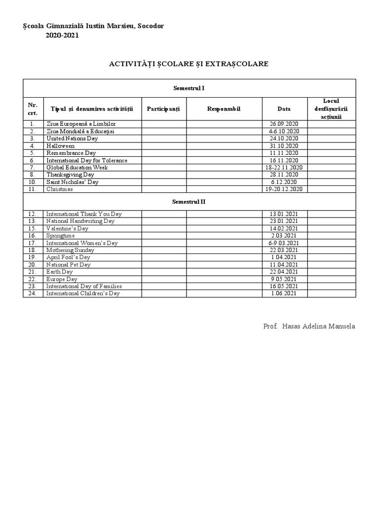 Activitati Extra 20192020 | PDF | Observances | Holidays
