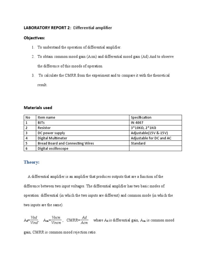 LABORATORY REPORT 2: Differential Amplifier Objectives:: Theory | PDF | Amplifier | Electronic ...