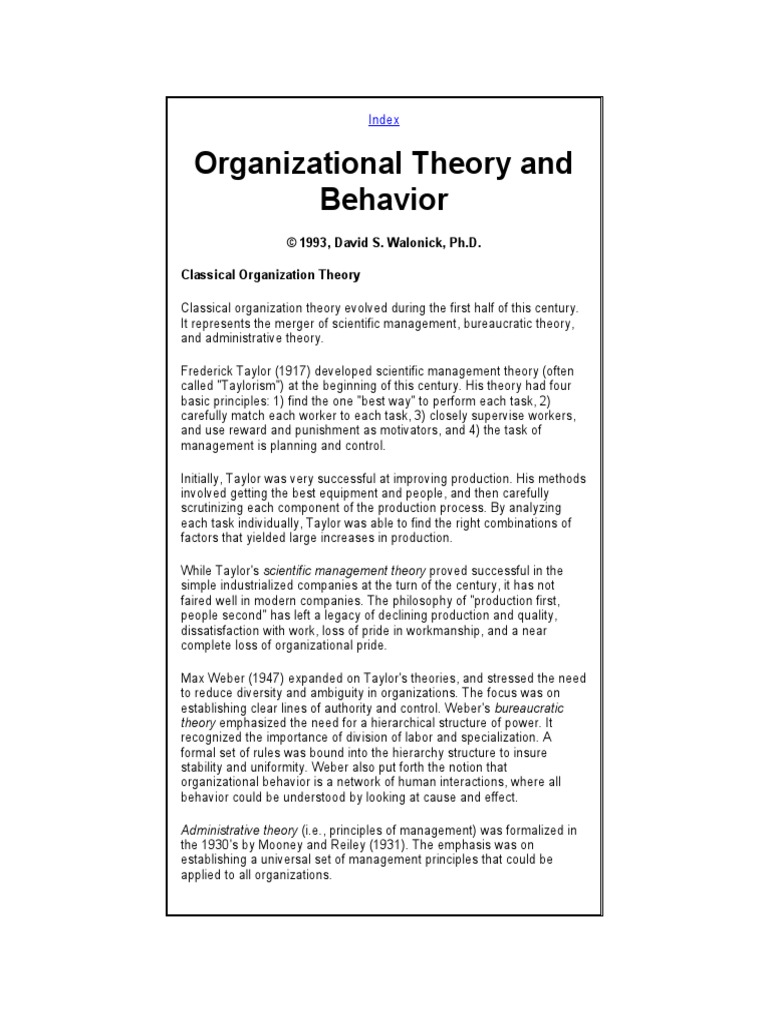 Organizational Theory and Behavior: © 1993, David S. Walonick, Ph.D ...