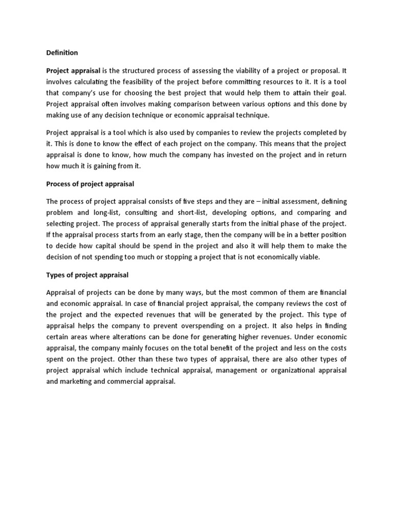 Project Appraisal Is The Structured Process of Assessing The Viability ...