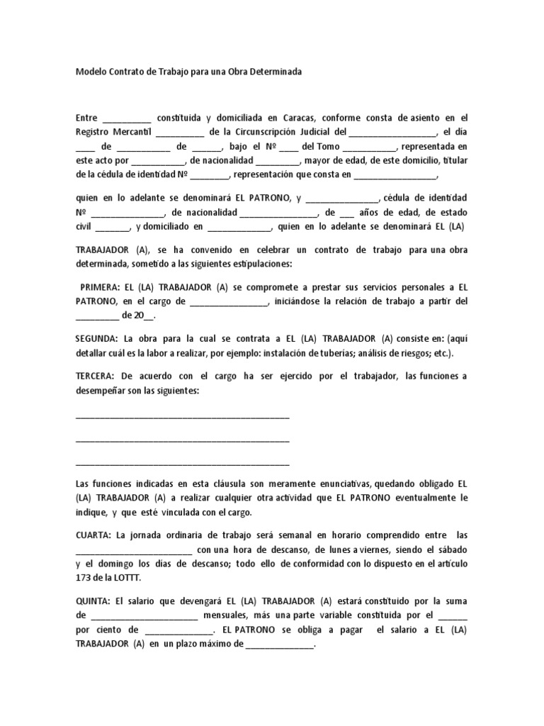 Modelo Contrato de Trabajo para Una Obra Determinada | PDF | Salario | Economias
