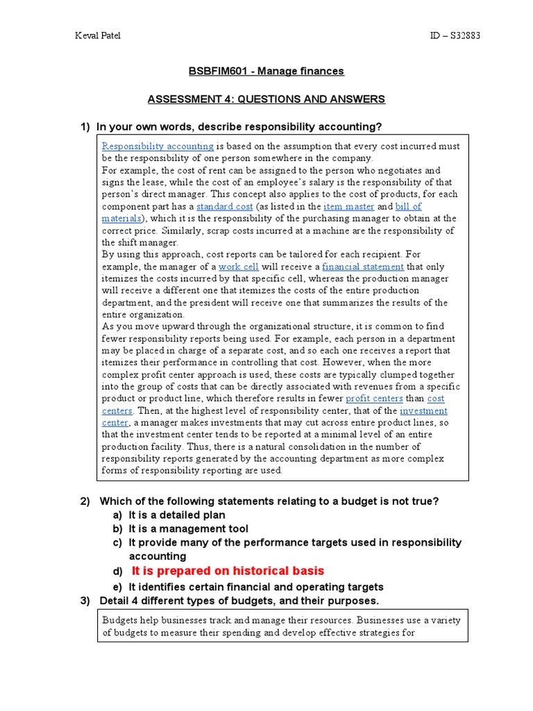 Responsibility Accounting: Keval Patel ID - S32883 | PDF | Capital ...