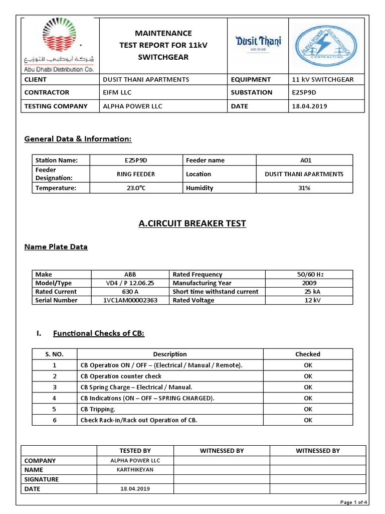 A.Circuit Breaker Test: Maintenance Test Report For 11Kv Switchgear ...