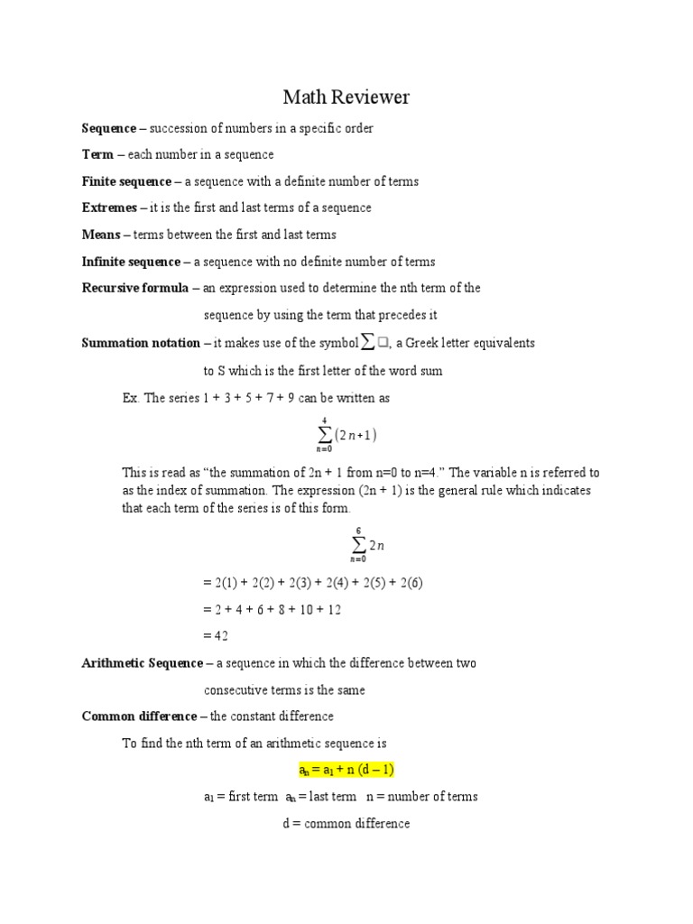 Math Reviewer g10 1 | PDF | Summation | Arithmetic