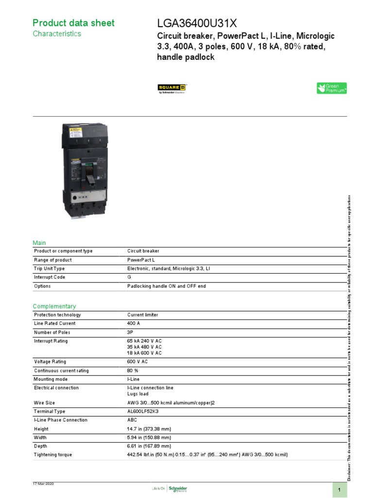 PowerPact L-Frame Moulded Case Circuit Breakers - LGA36400U31X | PDF ...