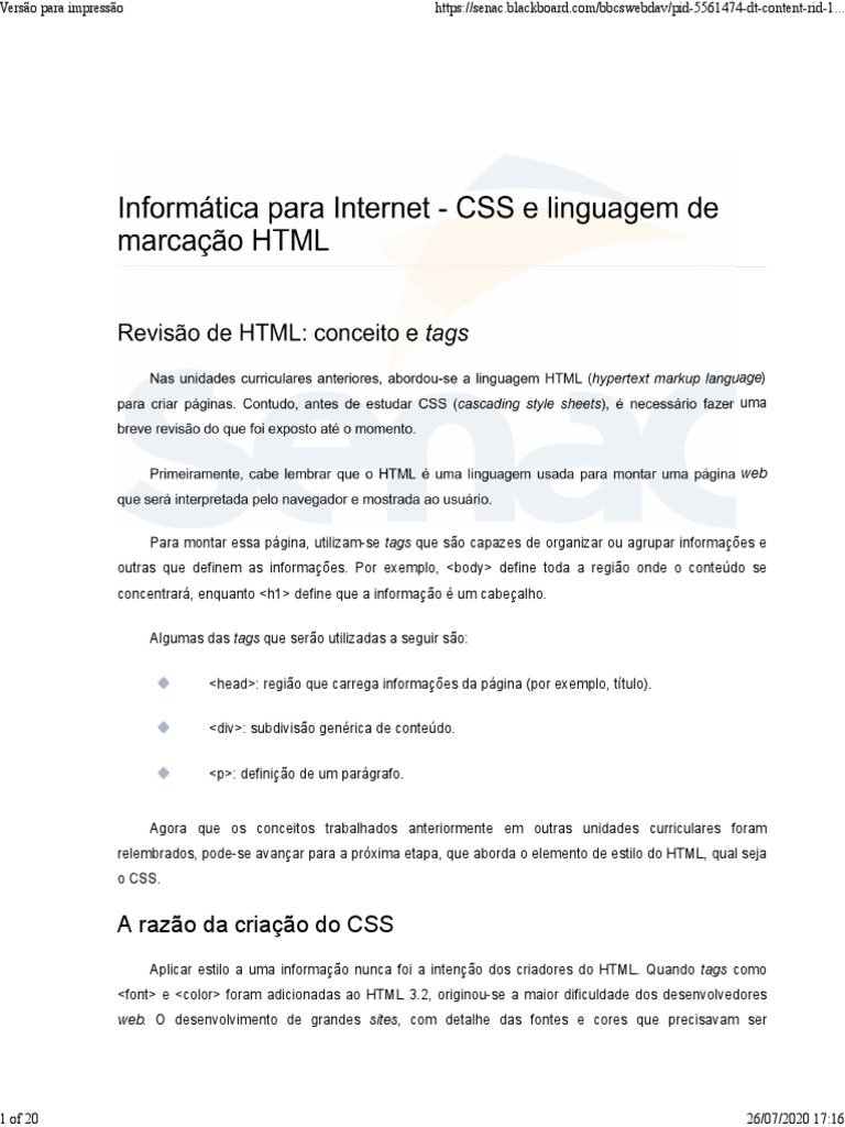 CSS e Linguagem de Marcação HTML - Téc. Informática Senac | PDF ...
