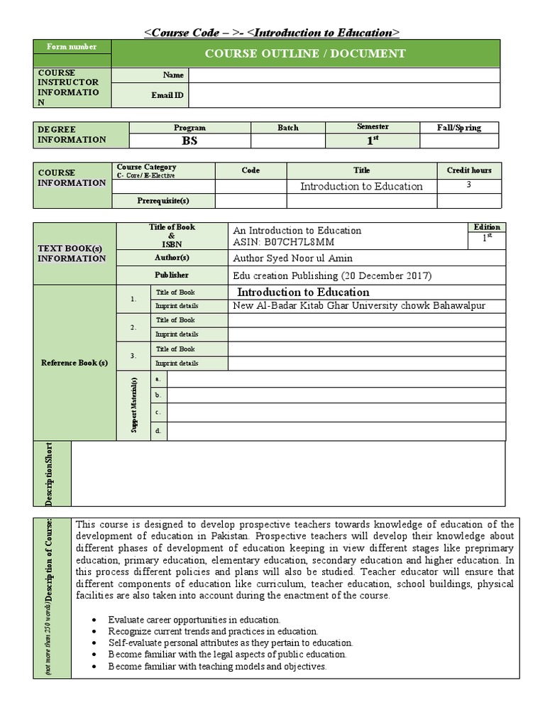 Course Outline Introduction To Education | PDF | Curriculum | Lecture