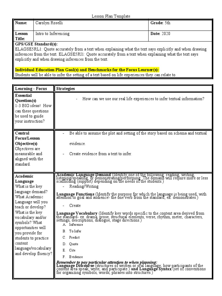 Inferencing Lesson Plan | PDF | Educational Assessment | Reading ...