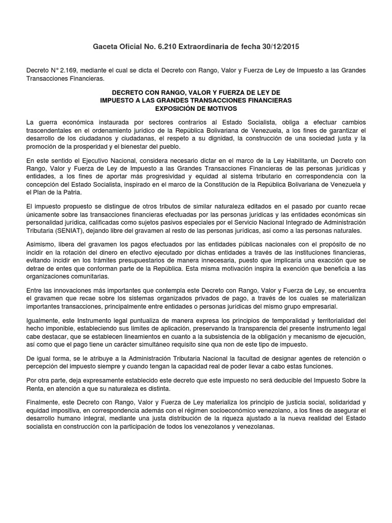 Decreto 2169 Ley de Impuesto Grandes Transacciones Financieras 30 12 15 ...