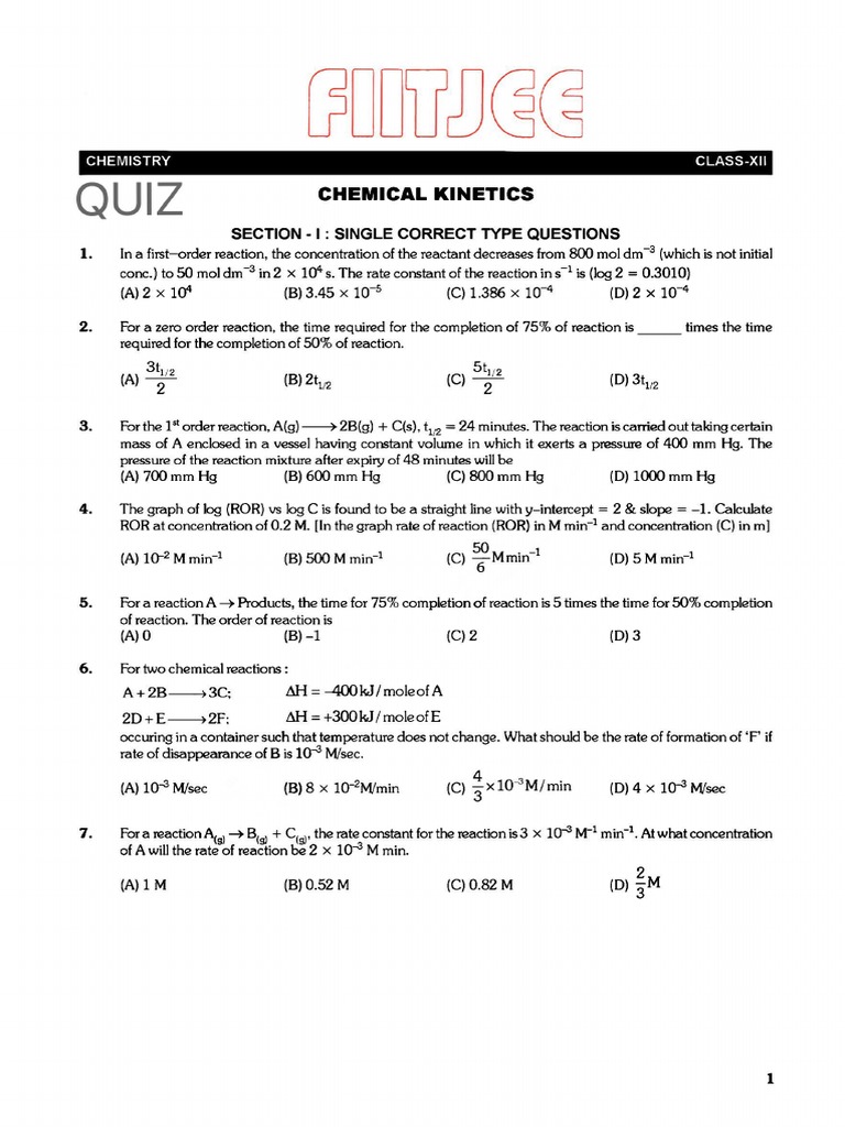 Quiz - Chemical Kinetics PDF | PDF
