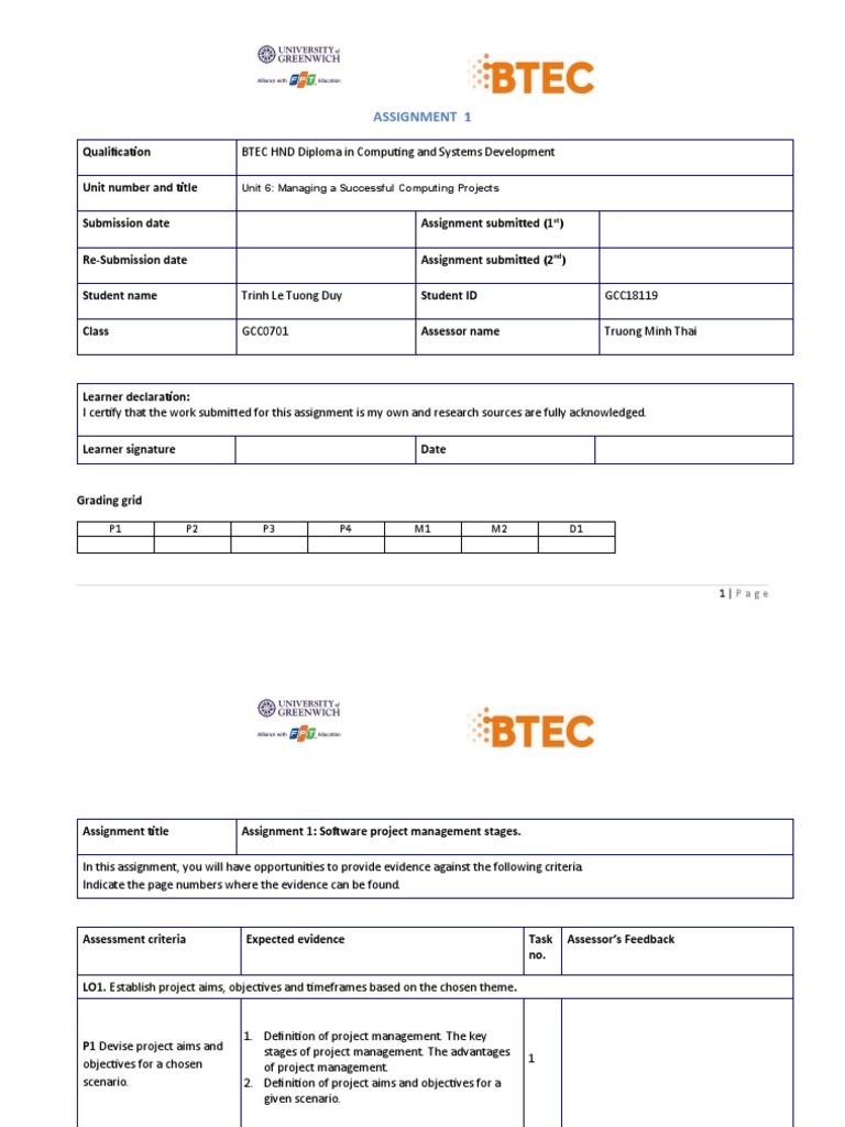 Assignment 1: BTEC HND Diploma in Computing and Systems Development | PDF | Project Management ...