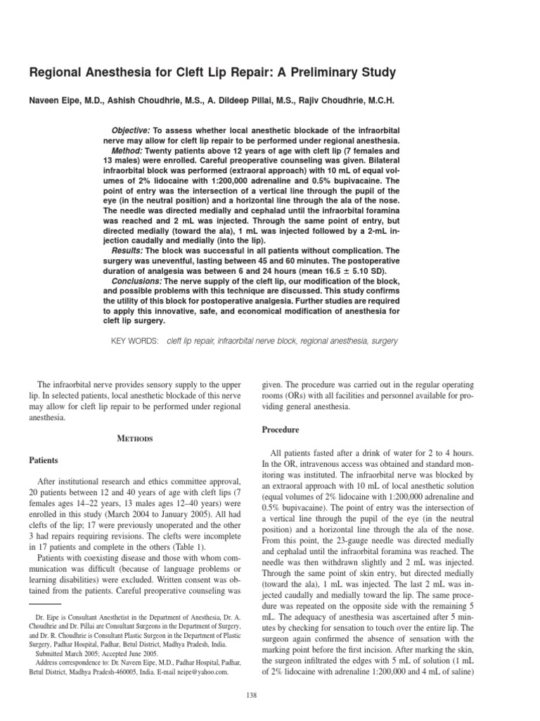 Regional Anesthesia For Cleft Lip Repair: A Preliminary Study | PDF ...