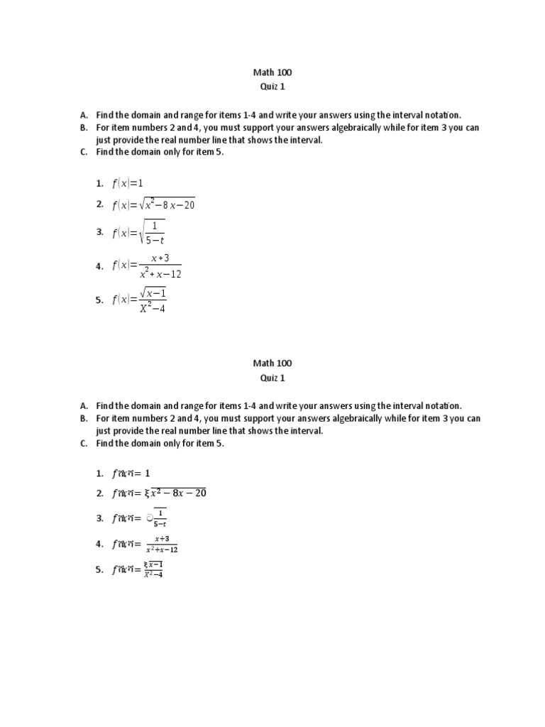 Math 100 Quiz: Domain and Range Analysis | PDF