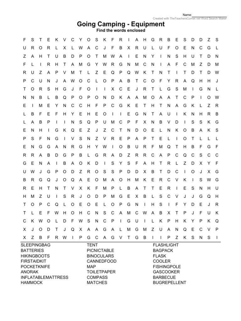 Going Camping - Equipment: Find The Words Enclosed | PDF