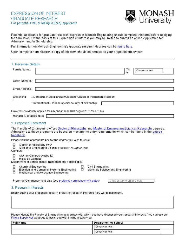 Expression of Interest Graduate Research: 1. Personal Details | PDF ...