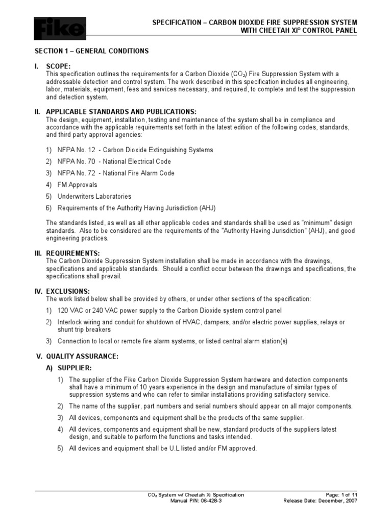 Specification - Carbon Dioxide Fire Suppression System With Cheetah Xi ...
