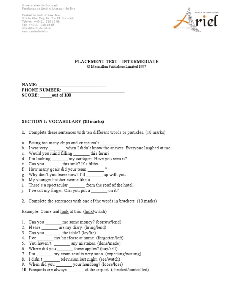 Placement Test - Intermediate | PDF | Language Arts & Discipline