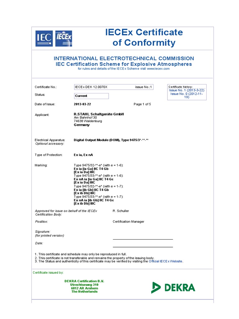 Ex Certificate IECEXDEK120070X 001 00 PDF | PDF | Electronic ...