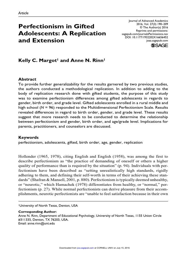 Perfectionism in Gifted Adolescents: A Replication and Extension ...
