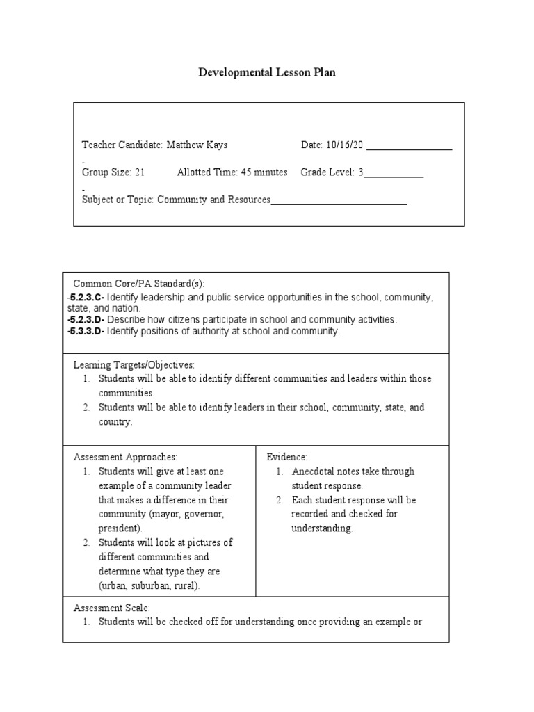 Community Lesson Plan for Grade 3 | PDF | Educational Assessment ...