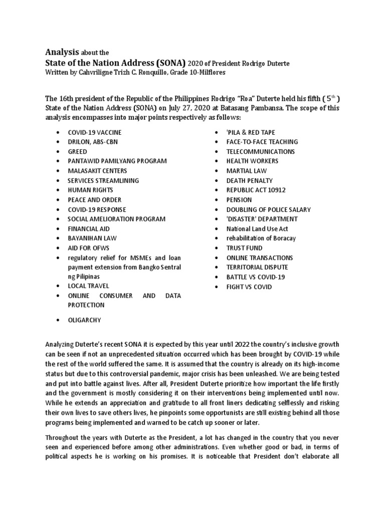 Analysis-SONA 2020 | PDF | Rodrigo Duterte | Economies