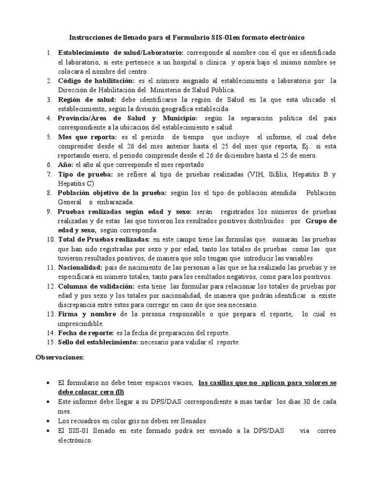 Instrucciones para El Llenado Del Sis-01 | PDF | SIDA | Salud y bienestar
