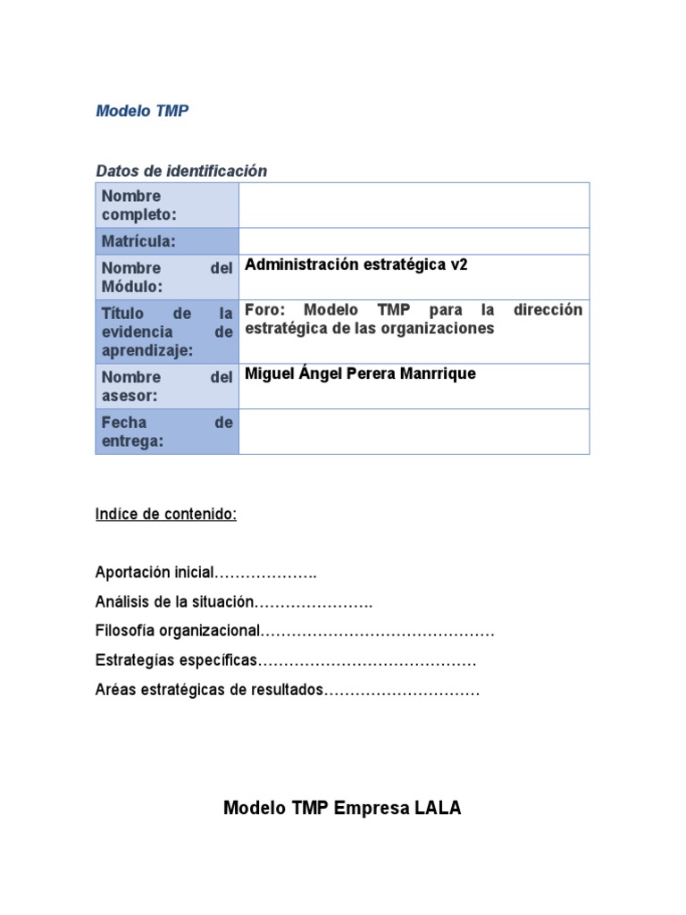 Modelo TMP Dirección Estratégica | PDF | Análisis FODA | Planificación