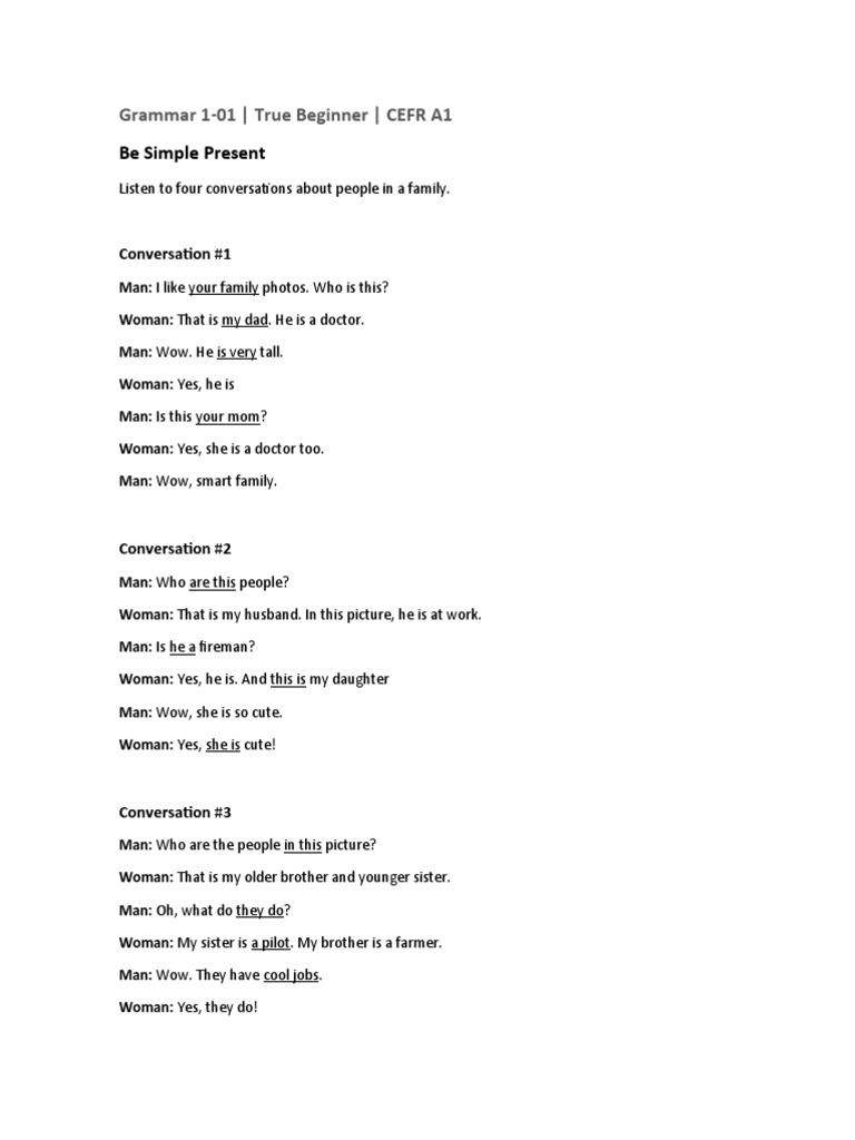 Be Simple Present Grammar 1 01 True Beginner Cefr A1 Pdf