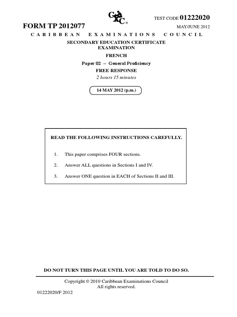CSEC French June 2012 P2 | PDF | Test (Assessment)