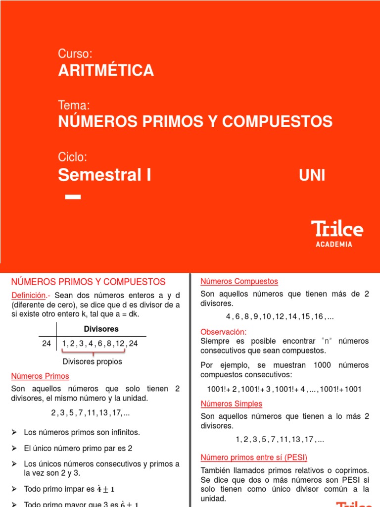 Aritmética Semestral Uni - Números Primos | PDF | Número primo | Entero