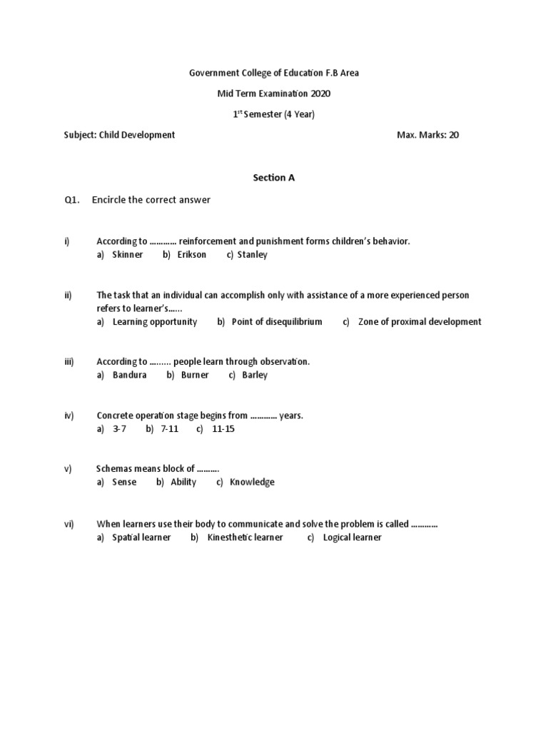 Understanding Child Development: An Analysis of a Mid-Term Examination ...