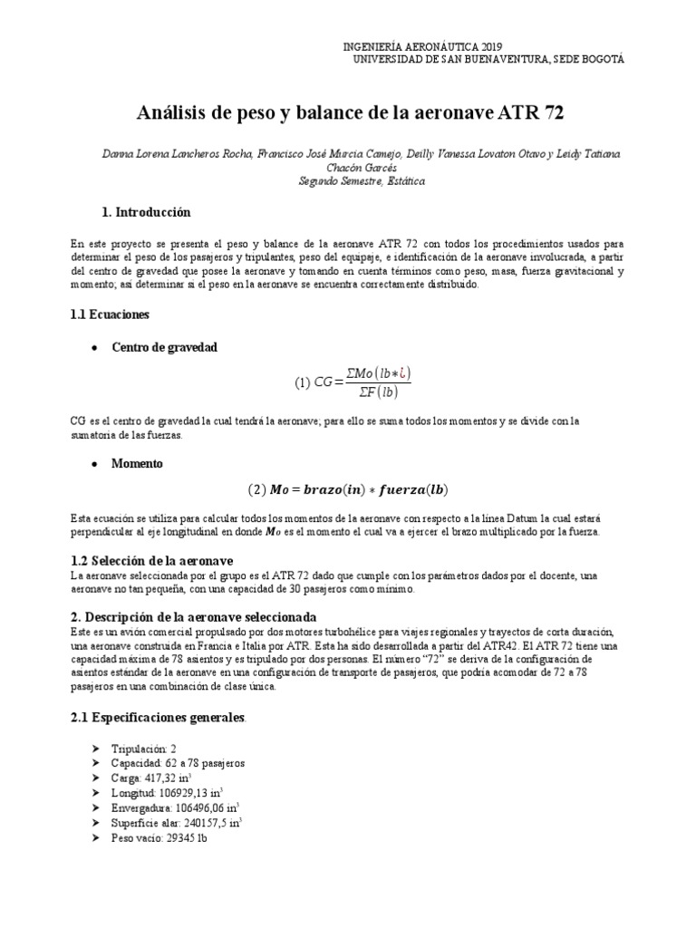 1.análisis de Peso y Balance de La Aeronave ATR 72 | PDF | Aeronave | Avión