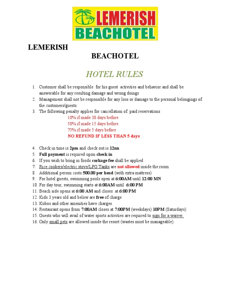 Hotel Rules: Lemerish Beachotel | PDF