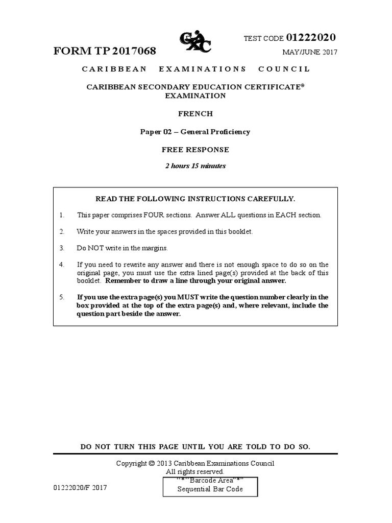 CSEC French June 2017 P2 | PDF | Barcode