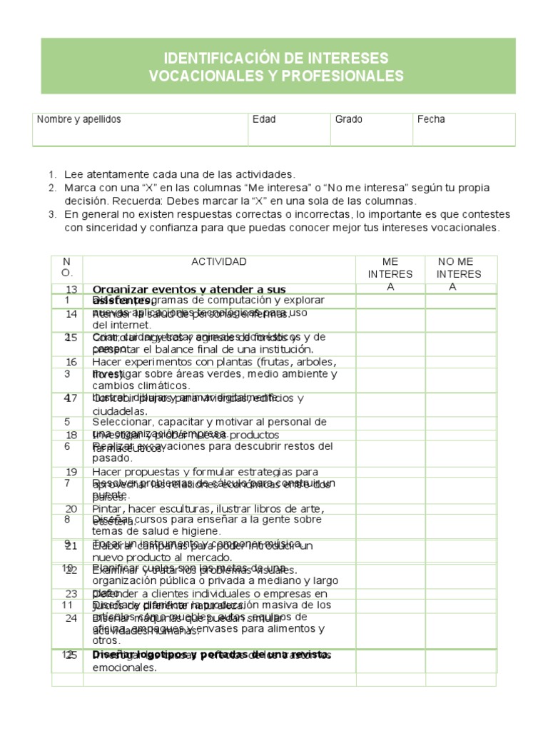 Test de IDENTIFICACIÓN DE INTERESES VOCACIONALES Y PROFESIONALES | PDF ...
