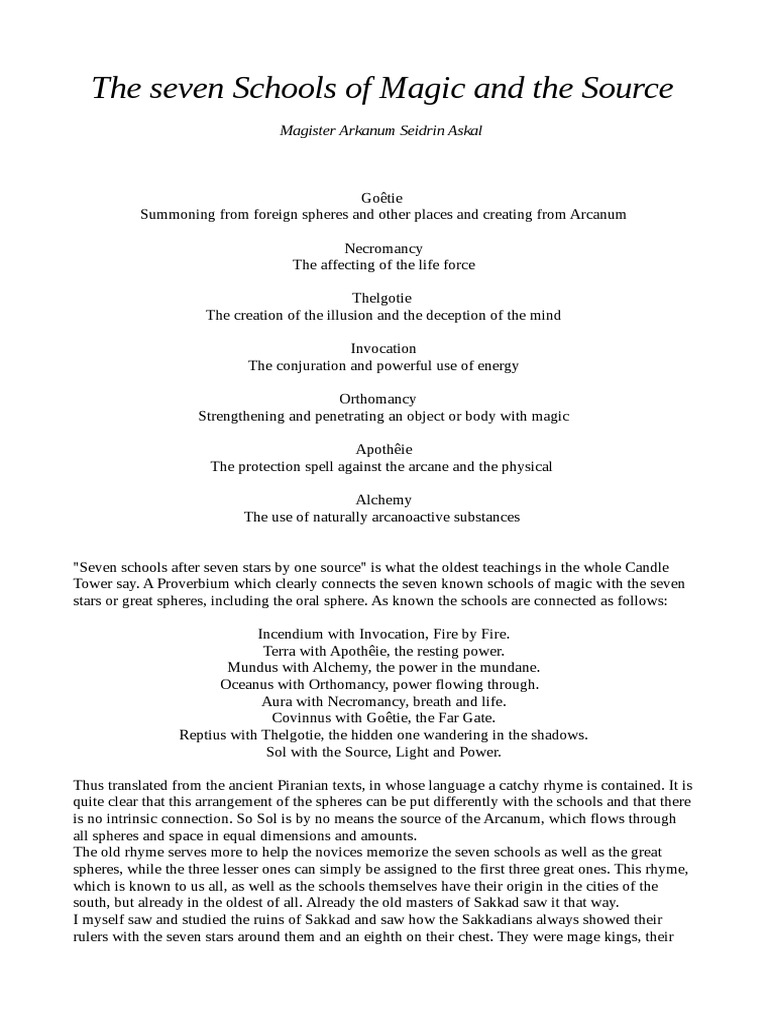 The Seven Schools of Magic and The Source: Magister Arkanum Seidrin ...