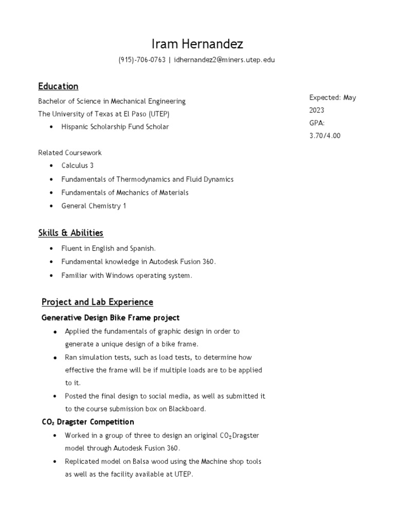 Mechanical Engineering Student Profile | PDF | Experiment | Design