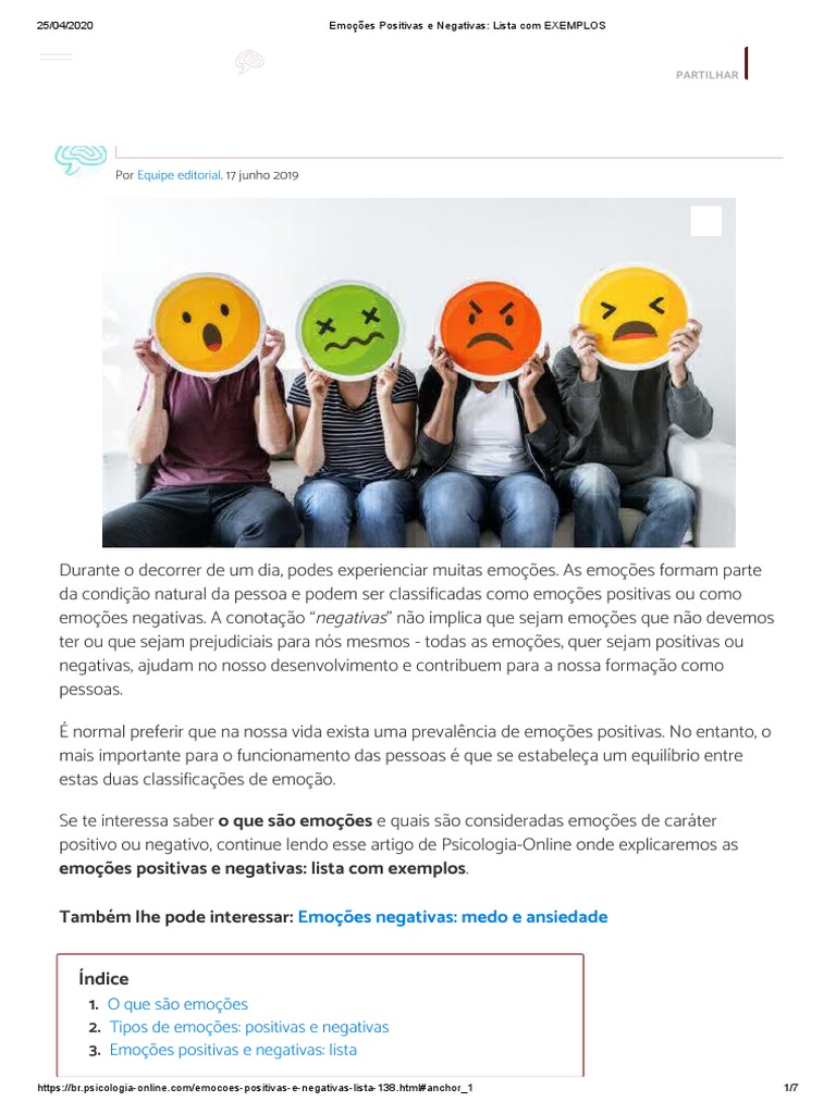 Emoções Positivas e Negativas - Lista Com EXEMPLOS | PDF | Sentimento ...