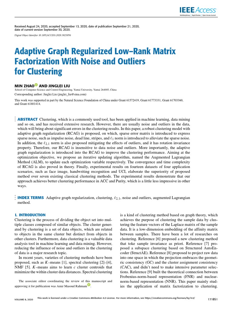 Adaptive Graph Regularized Low-Rank Matrix Factorization With Noise and Outliers For Clustering ...