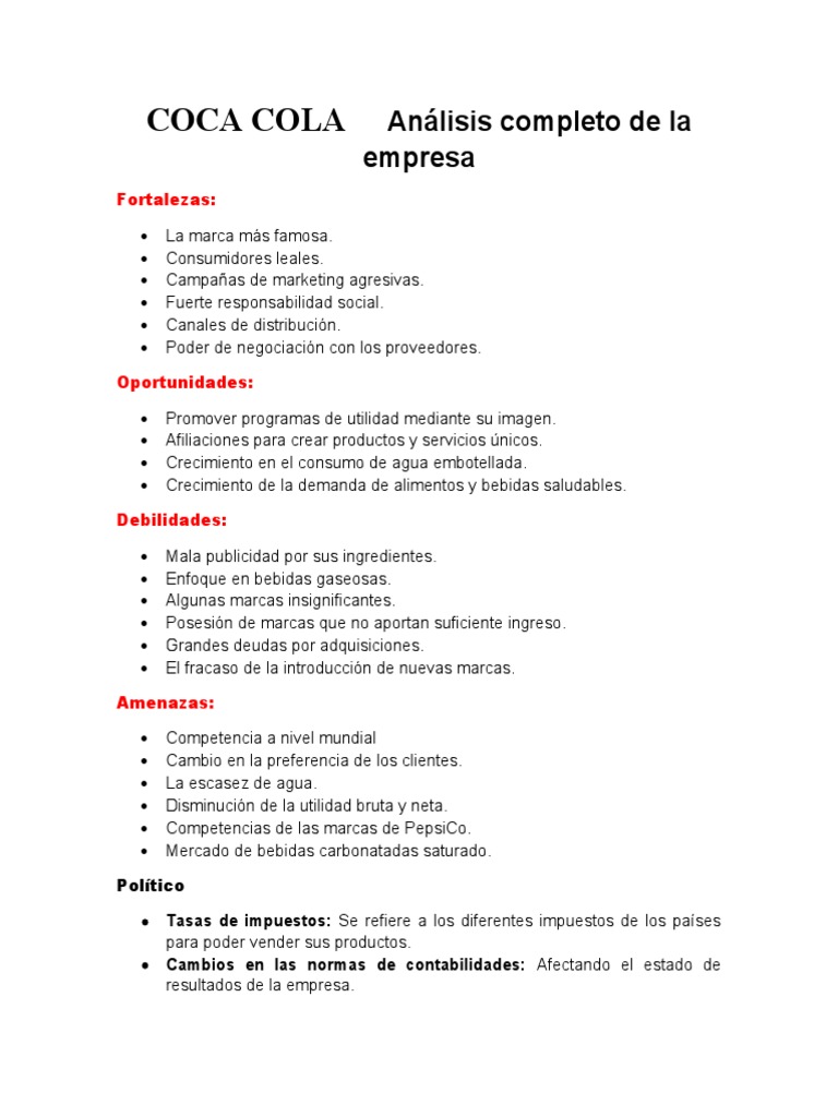 Coca Cola Análisis Completo De La Empresa Pdf Coca Cola Refresco