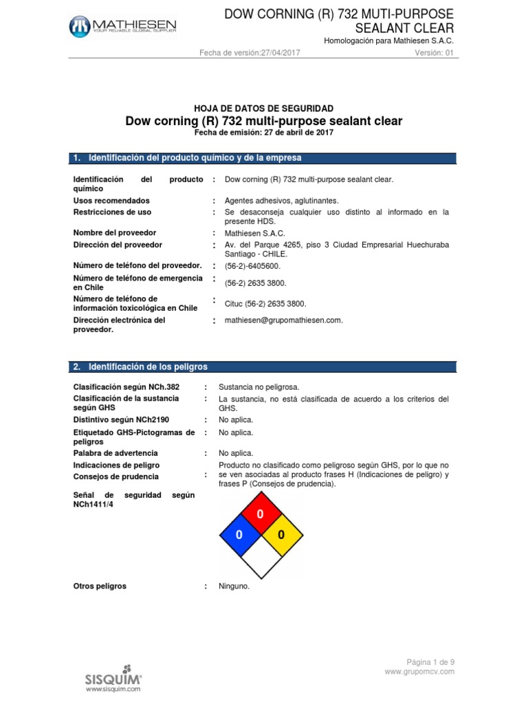 Dow Corning 732 | PDF | Combustión | Administración de Seguridad y ...