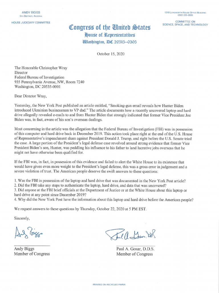 House GOP Letter To Wray On Biden Laptop | PDF