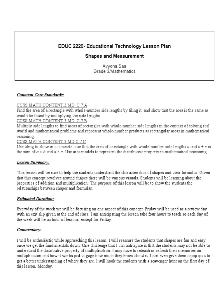 EDUC 2220-Educational Technology Lesson Plan Shapes and Measurement | PDF | Area | Teaching ...