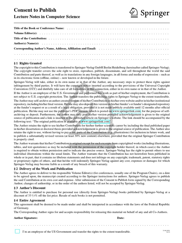Consent To Publish: Lecture Notes in Computer Science | PDF | Springer ...