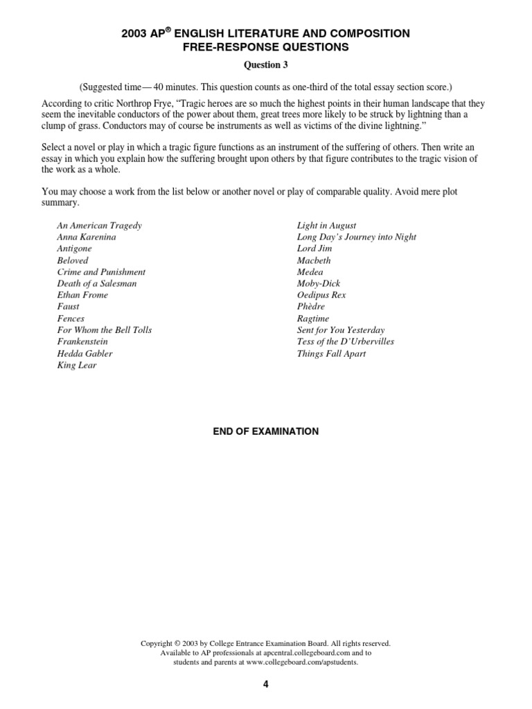 SAMPLE HERO PROMPT 2003 AP English Literature Free-Response Questions | PDF