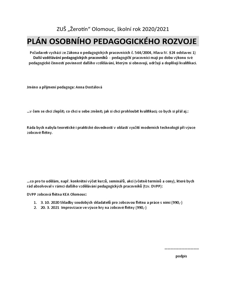 Plán Osobního Pedagogického Rozvoje 2020-2021 | PDF