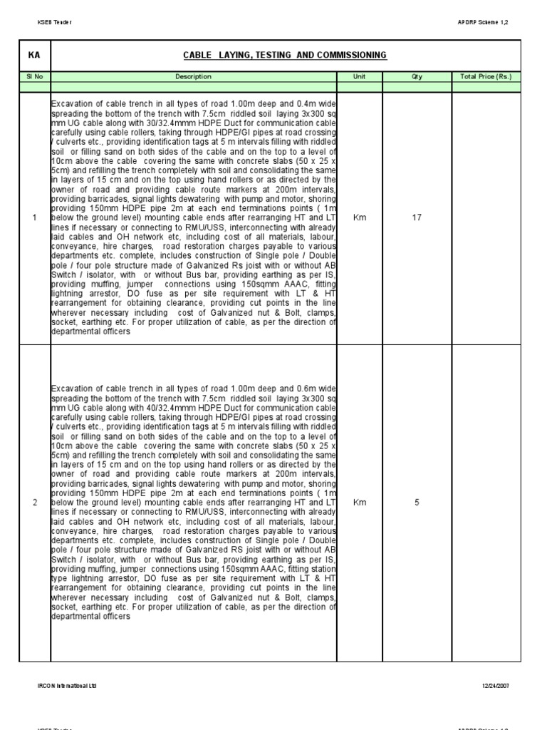 KSEB Tender for Cable Laying and RMU Installation | PDF | Road ...