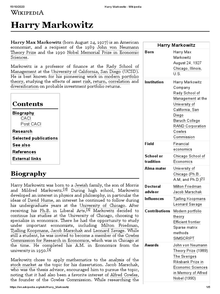 Harry Markowitz - Wikipedia | PDF | Investing | Business