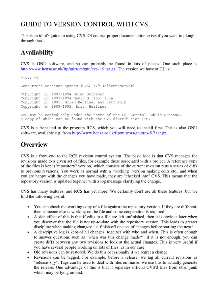 Availability: Guide To Version Control With Cvs | PDF | Utility ...