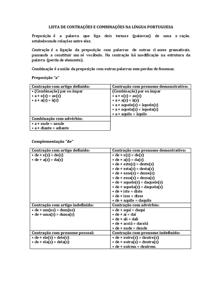 Lista de Contrações e Combinações Na Língua Portuguesa | PDF ...